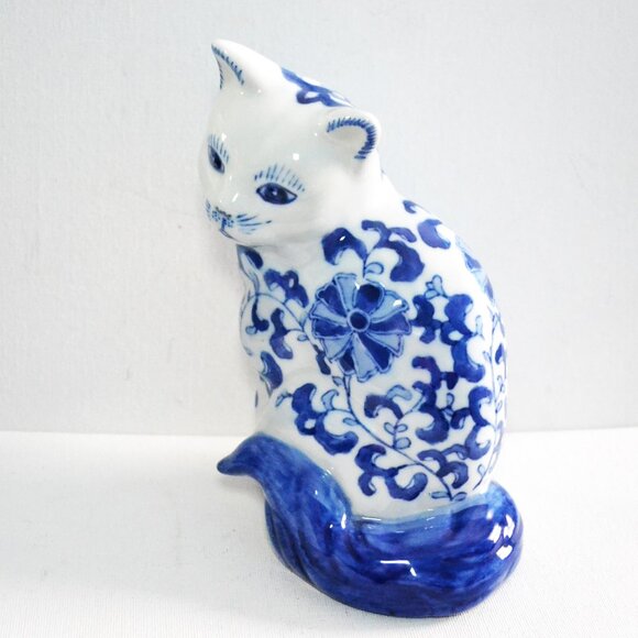 Accents | Beautiful Ceramic White Ceramic Cat With Blue Floral Designs ...